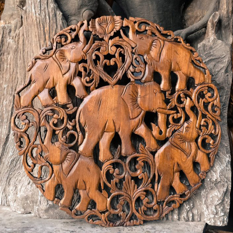 Panneau Mural Rond Feng Shui Eléphants - 45 cm – Terre de Siam