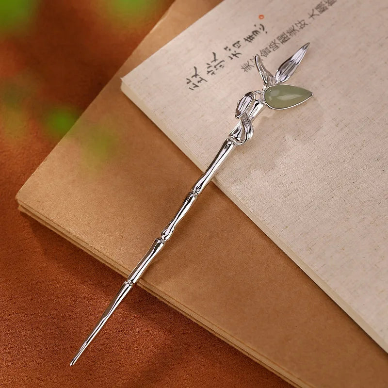 Bamboo hair spike - Silver and jade